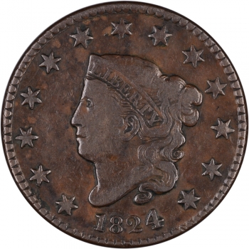 $0.01 1824 Coronet Cent 1c - VF