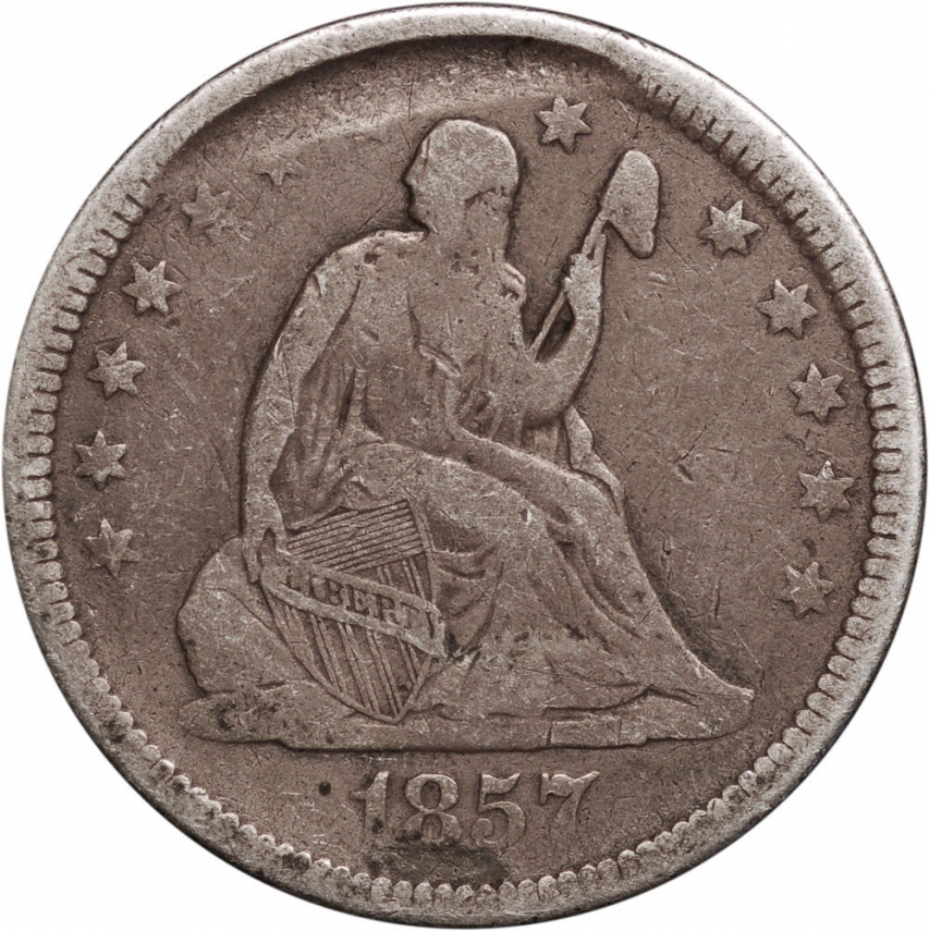 Error $0.25 1857 Seated Quarter Struck on Type 2 Tapered Planchet ...